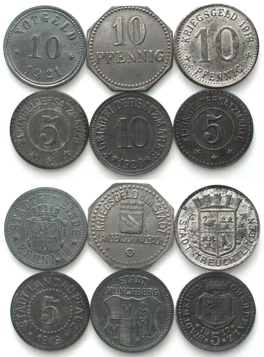Deutschland - Notmünzen 1918-1921 GERMAN NOTGELD. 6 coins, K, L, M, T ...