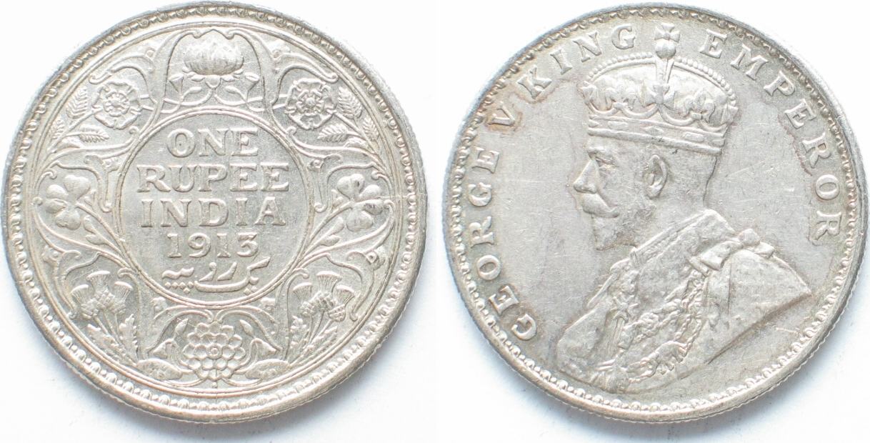 Indien Britisch BRITISH INDIA Rupee 1913 GEORGE V silver UNC-!!! | MA-Shops