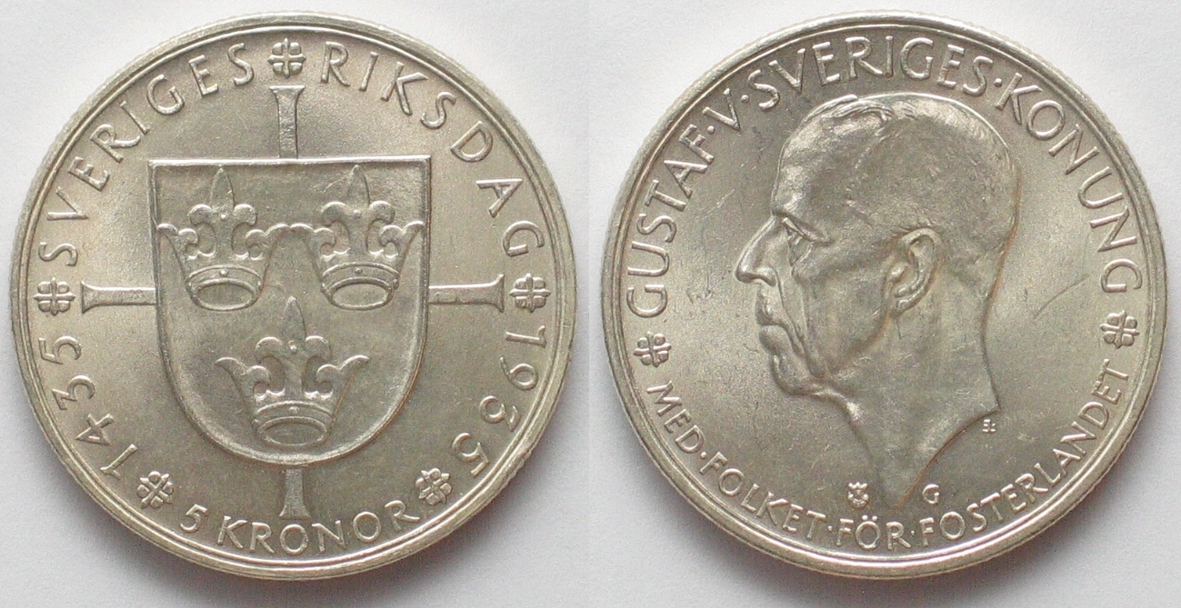 Schweden SWEDEN. 5 Kronor 1935, 500th Anniversary of Riksdag, Gustaf V ...