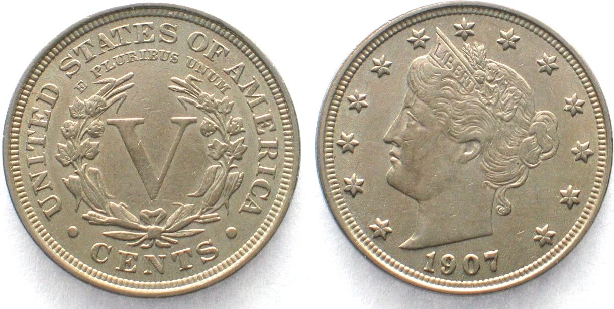 Vereinigte Staaten von Amerika US 1907 LIBERTY NICKEL 5 Cents Cu-Ni XF ...