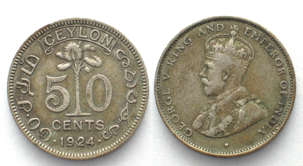 CEYLON 50 Cents 1924 GEORGE V silver VF+ | MA-Shops