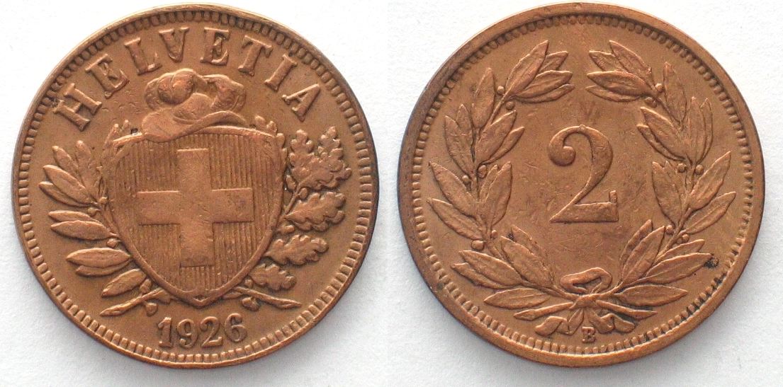 Schweiz SWITZERLAND 2 Rappen 1926 Bronze SCARCE YEAR! VF-EF | MA-Shops