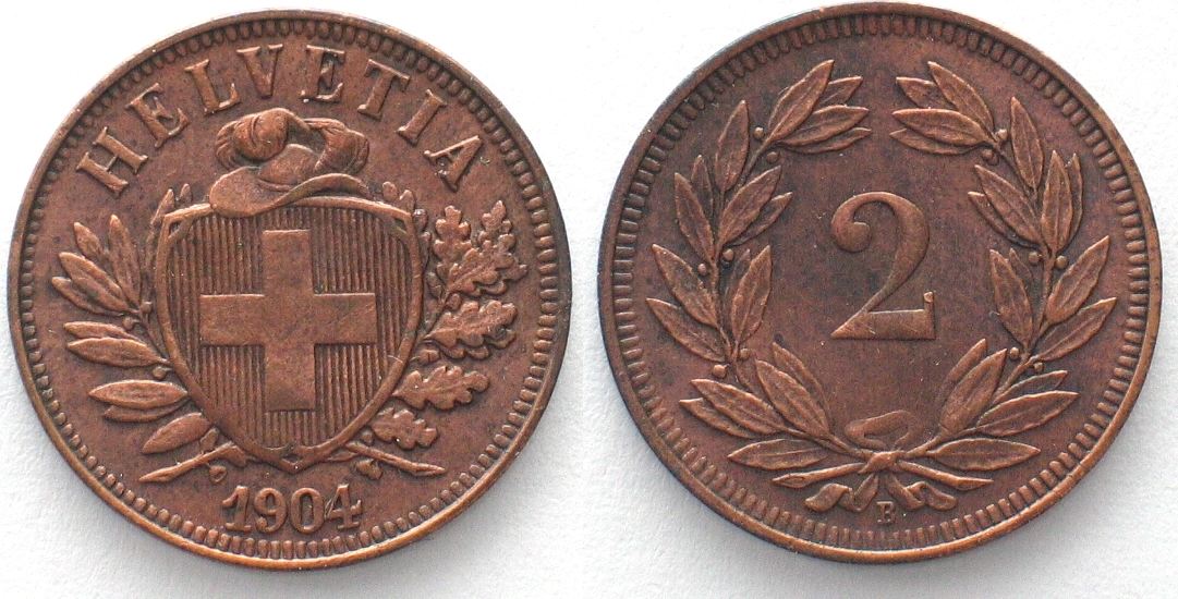 Schweiz SWITZERLAND 2 Rappen 1904 bronze SCARCE! AU! | MA-Shops
