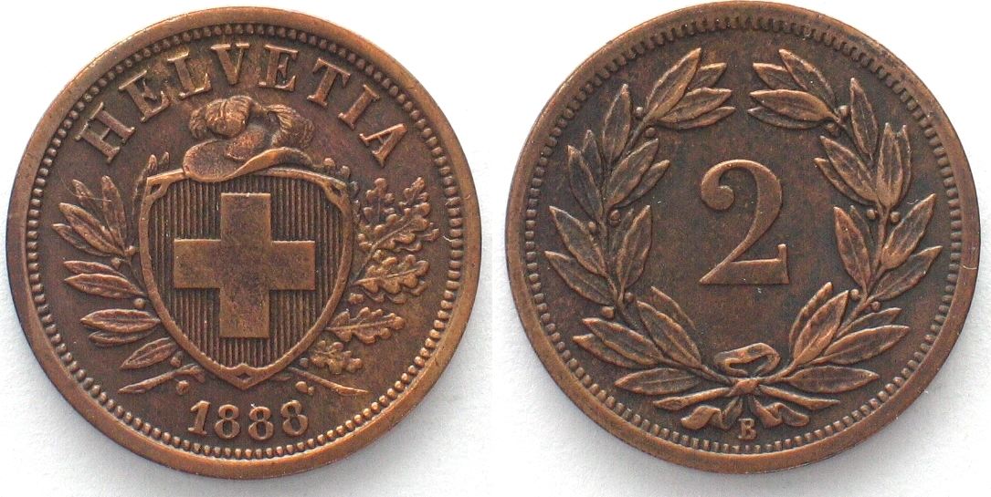 Schweiz SWITZERLAND 2 Rappen 1888 Bronze aXF SCARCE YEAR! EF- | MA-Shops