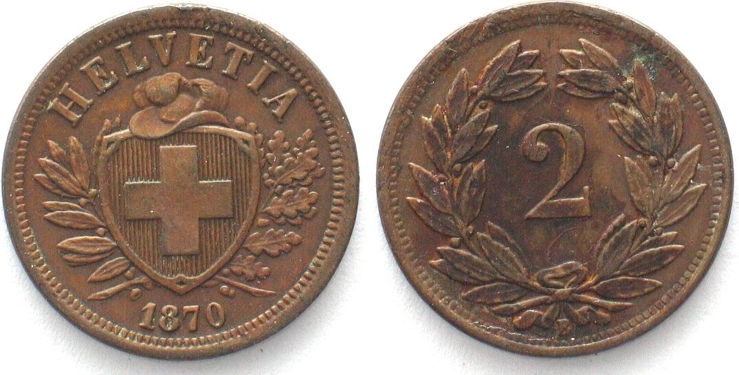 Schweiz SWITZERLAND 2 Rappen 1870 bronze KEY DATE!!! XF EF | MA-Shops