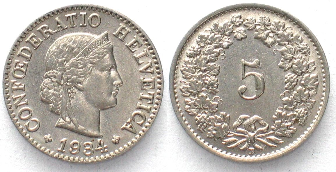 Schweiz SWITZERLAND 5 Rappen 1934 nickel BU! | MA-Shops
