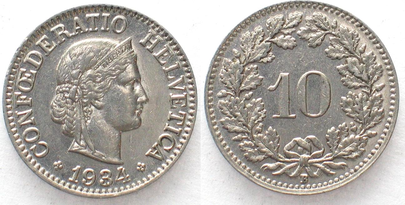 Schweiz SWITZERLAND 10 Rappen 1934 nickel UNC! | MA-Shops