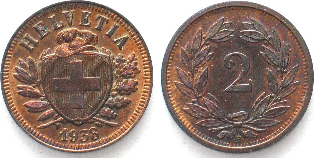 Schweiz SWITZERLAND 2 Rappen 1938 Bronze UNC-!!! | MA-Shops