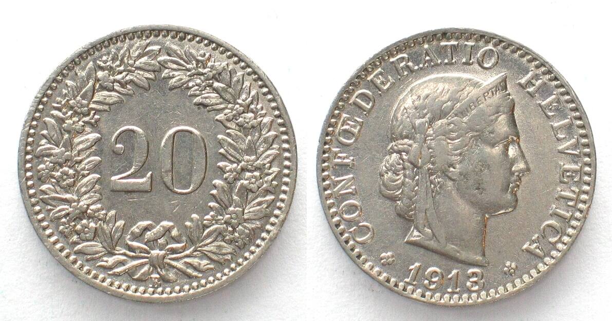 Schweiz SWITZERLAND 20 Rappen 1912 nickel AU! | MA-Shops