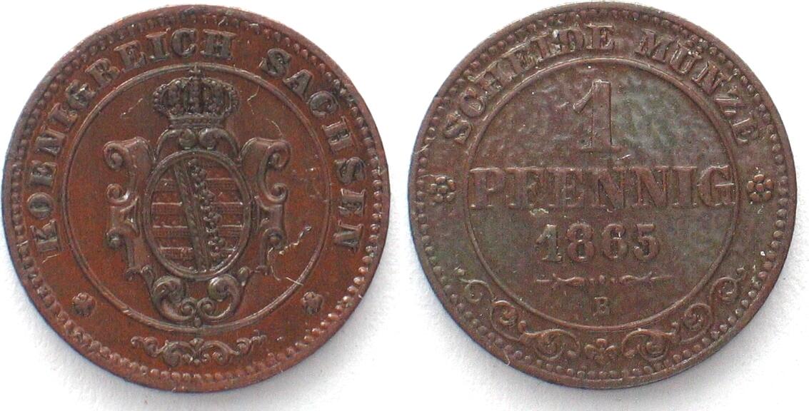 Sachsen SAXONY Kingdom 1 Pfennig 1865 B JOHANN copper UNC! | MA-Shops