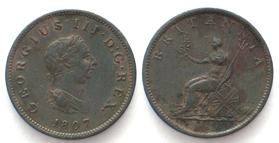 England GREAT BRITAIN Halfpenny 1807 GEORGE III BRITANNIA copper XF EF ...