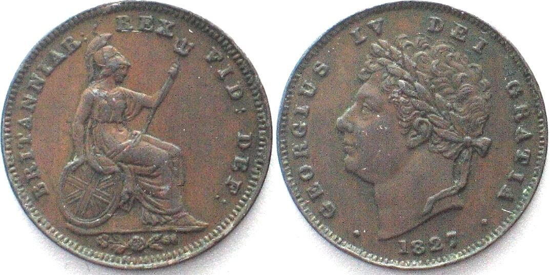 England GREAT BRITAIN. 1/3 Farthing 1827, George IV, copper, XF EF | MA ...