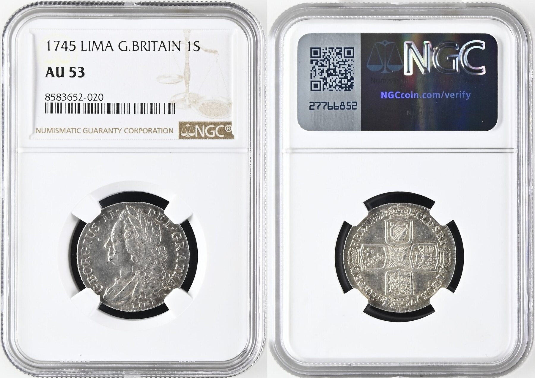 G.BRITAIN 1S GREAT BRITAIN. Shilling 1745 LIMA, GEORGE II silver NGC AU ...