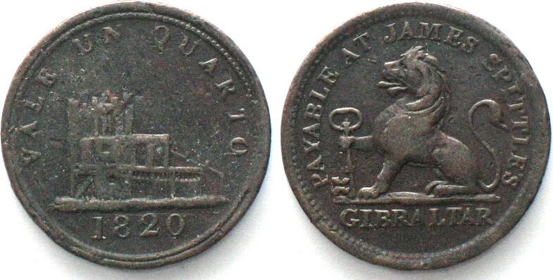 GIBRALTAR. Quarto 1820, JAMES SPITTLE, copper VF+, RARE! | MA-Shops