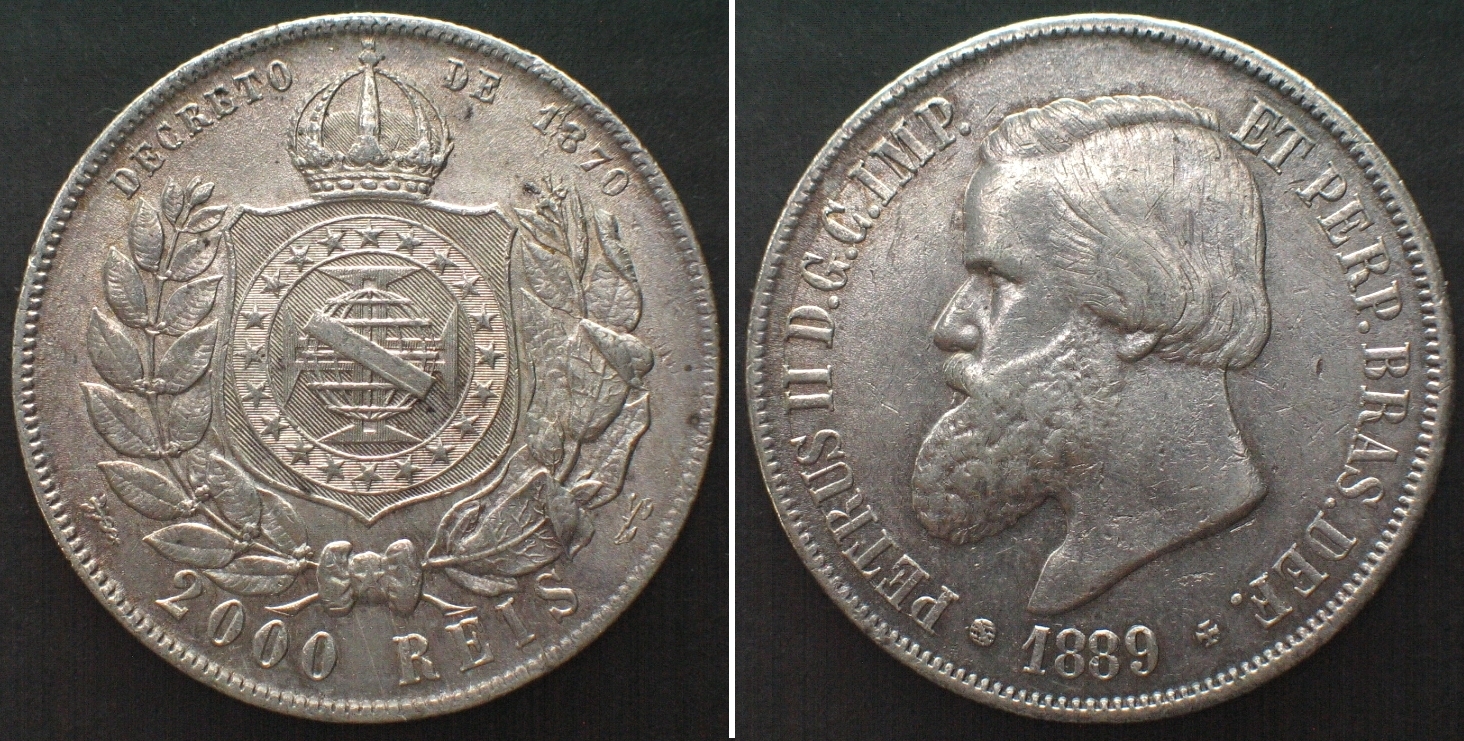 Brasilien BRAZIL. 2000 Reis 1889, PEDRO II, silver AU! | MA-Shops