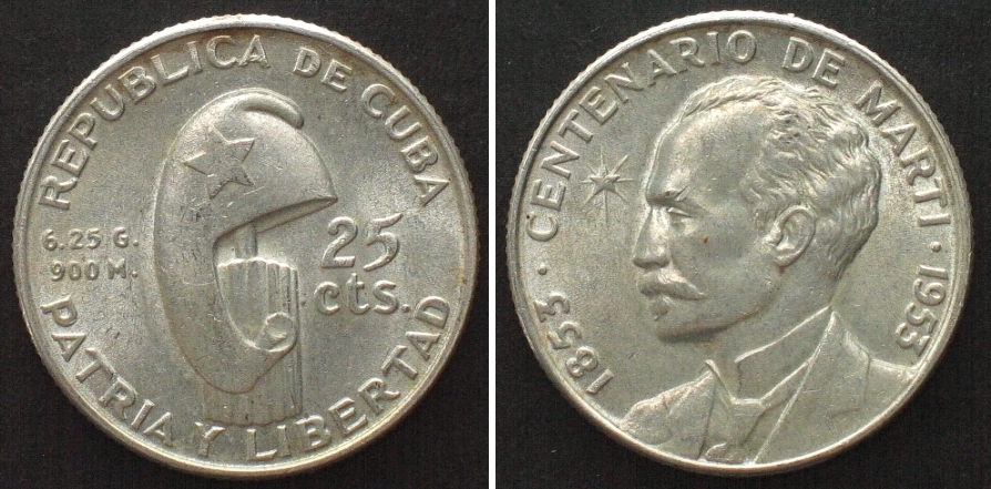 Kuba CUBA. 25 Centavos 1953, JOSE MARTI CENTENNIAL, silver UNC!!! | MA ...