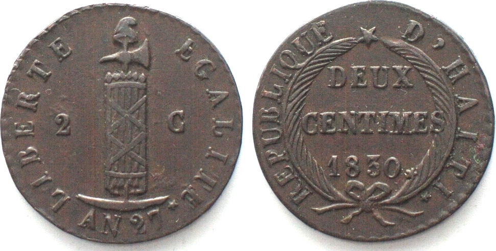 HAITI. 2 Centimes 1830 // AN 27 copper XF! EF | MA-Shops
