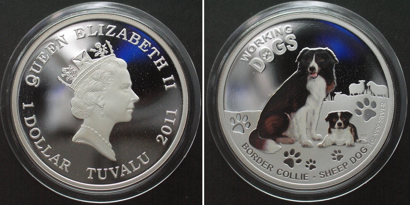 TUVALU. 1 Dollar 2011 Border Collie WORKING DOGS silver, 1 oz, colored ...