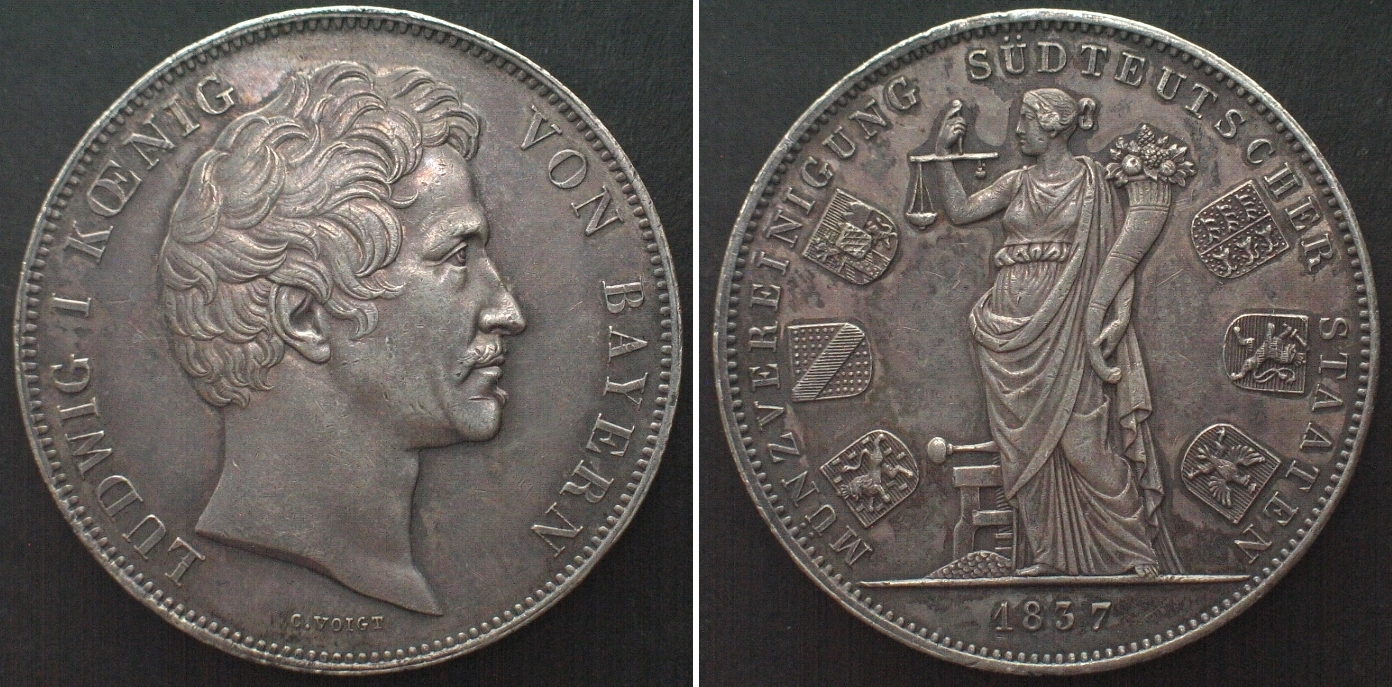 Bayern German BAVARIA. 2 Thaler 1837 Monetary Union LUDWIG I silver UNC ...