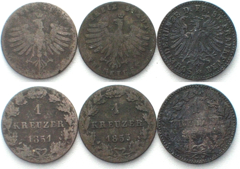 1851-1861 German FRANKFURT. 3 x 1 Kreuzer 1851,1855,1861, billon F-VF ...