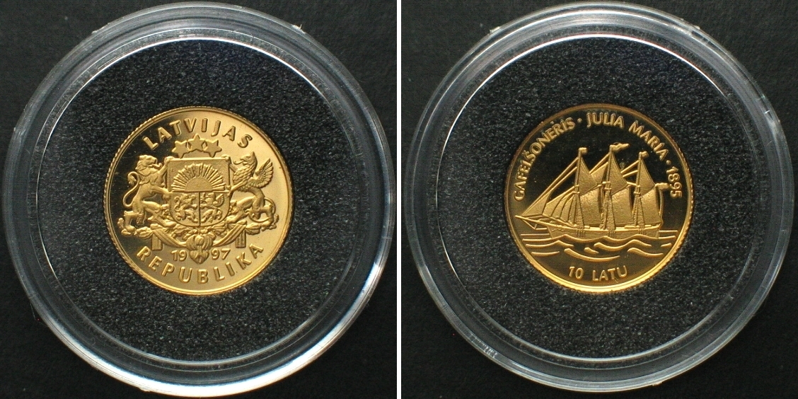 Lettland LATVIA 10 Latu 1997 Sailing ship JULIA MARIA gold Proof | MA-Shops