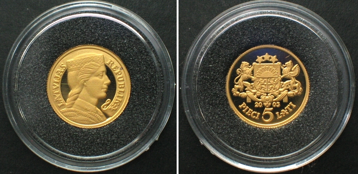 Lettland LATVIA 5 Lati 2003, 10TH ANNIVERSARY OF THE NEW LAT, gold ...