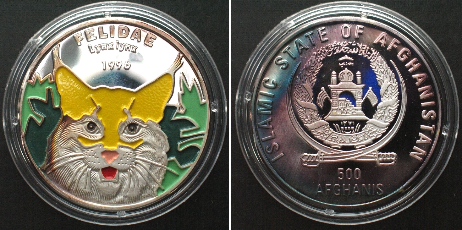 AFGHANISTAN 500 Afghanis 1996 Lynx FELIDAE silver multicolor Proof ...