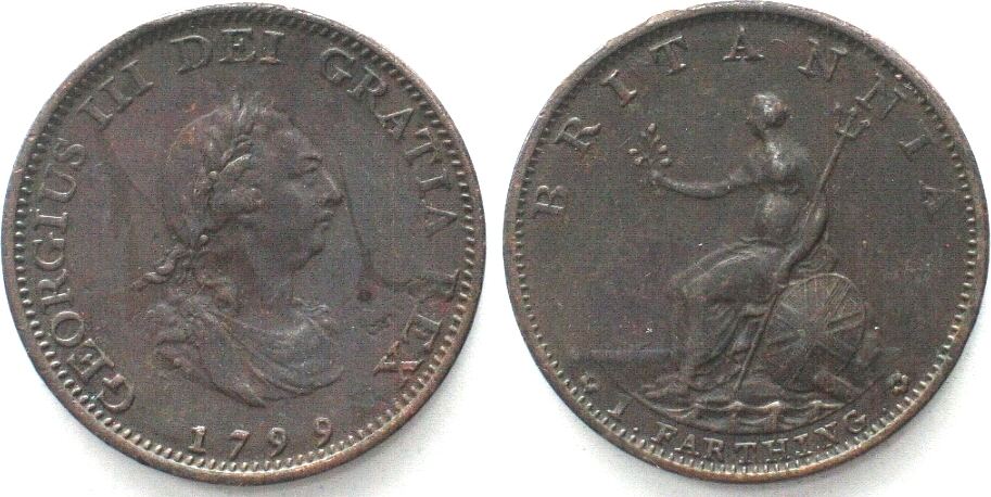 England GREAT BRITAIN. Farthing 1799, GEORGE III, copper XF! EF | MA-Shops