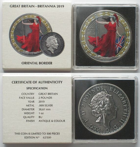 England BRITANNIA 2 Pounds 2019 Oriental Border 1 oz silver ANTIQUE ...