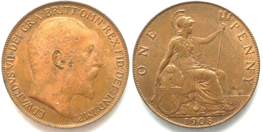 England GREAT BRITAIN Penny 1908 EDWARD VII bronze AU! | MA-Shops