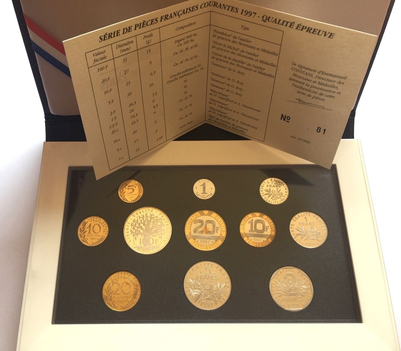 Frankreich FRANCE 1997 PROOF SET w. silver 100 Francs PANTHEON RARE ...