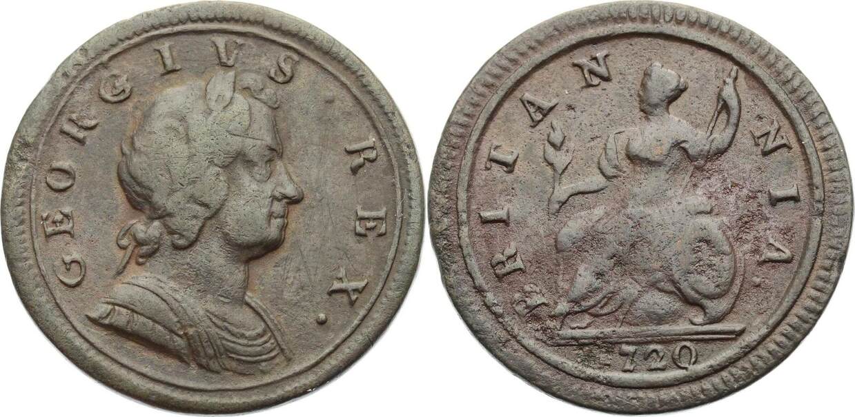Großbritannien 1/2 Penny 1720 George I. 1714-1727. Patina, winz ...