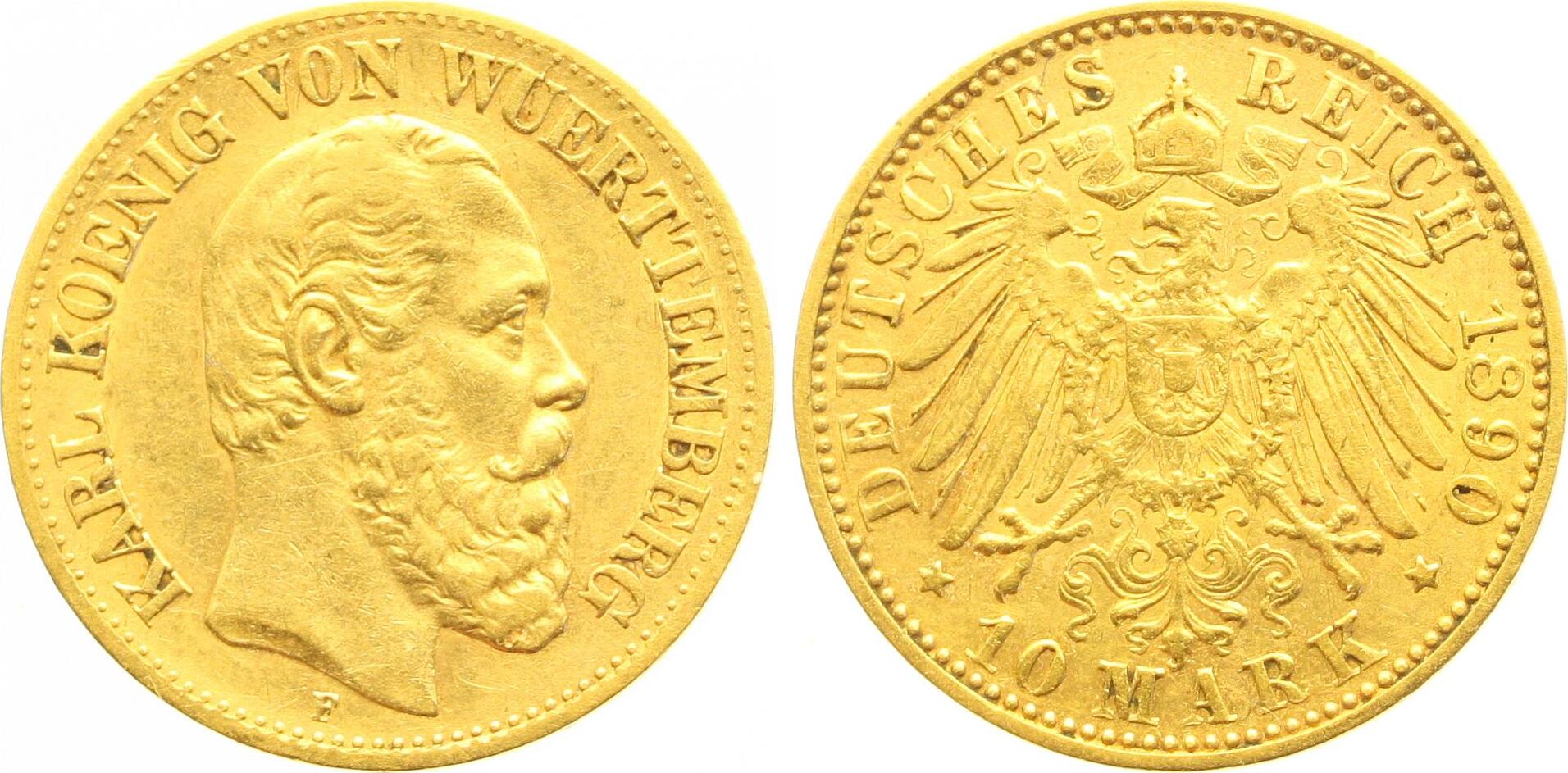 Württemberg 10 Mark Gold 1890 F Karl 1864-1891. VF | MA-Shops