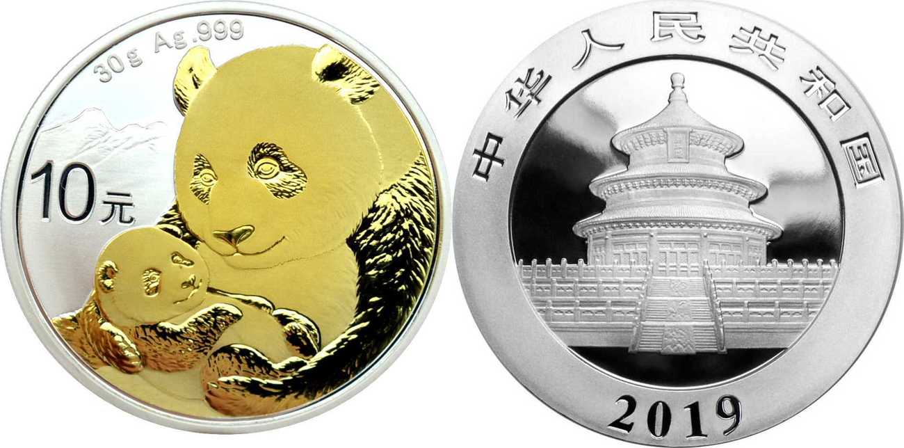 China, People's Republic 10 Yn 10 Yuan China Panda 2019 gilded Silver ...