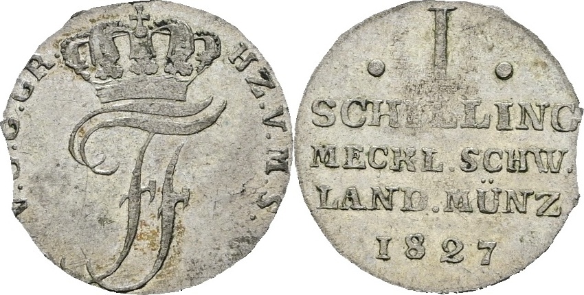 Mecklenburg-Schwerin Schilling 1827 Friedrich Franz I. 1785-1837. kleines Zainende, EF | MA-Shops