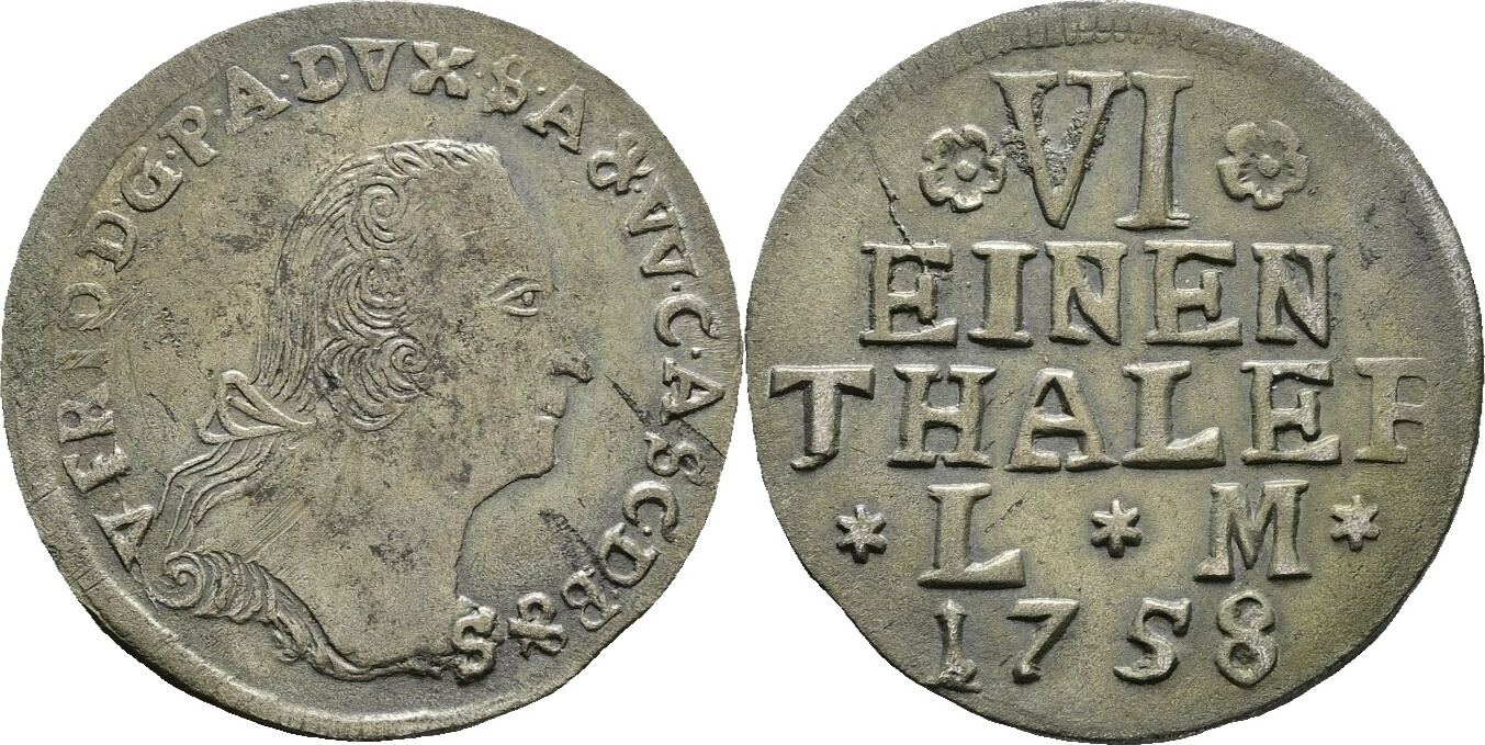 Anhalt-Bernburg 1/6 Taler 1758 Victor Friedrich 1721-1765 feine Patina ...