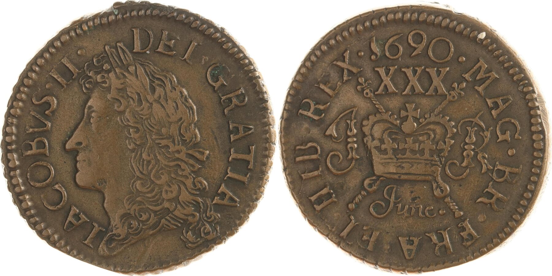 Irland Cu Halfcrown (Thirty Pence) June 1690 James II. 1685-1691. EF ...