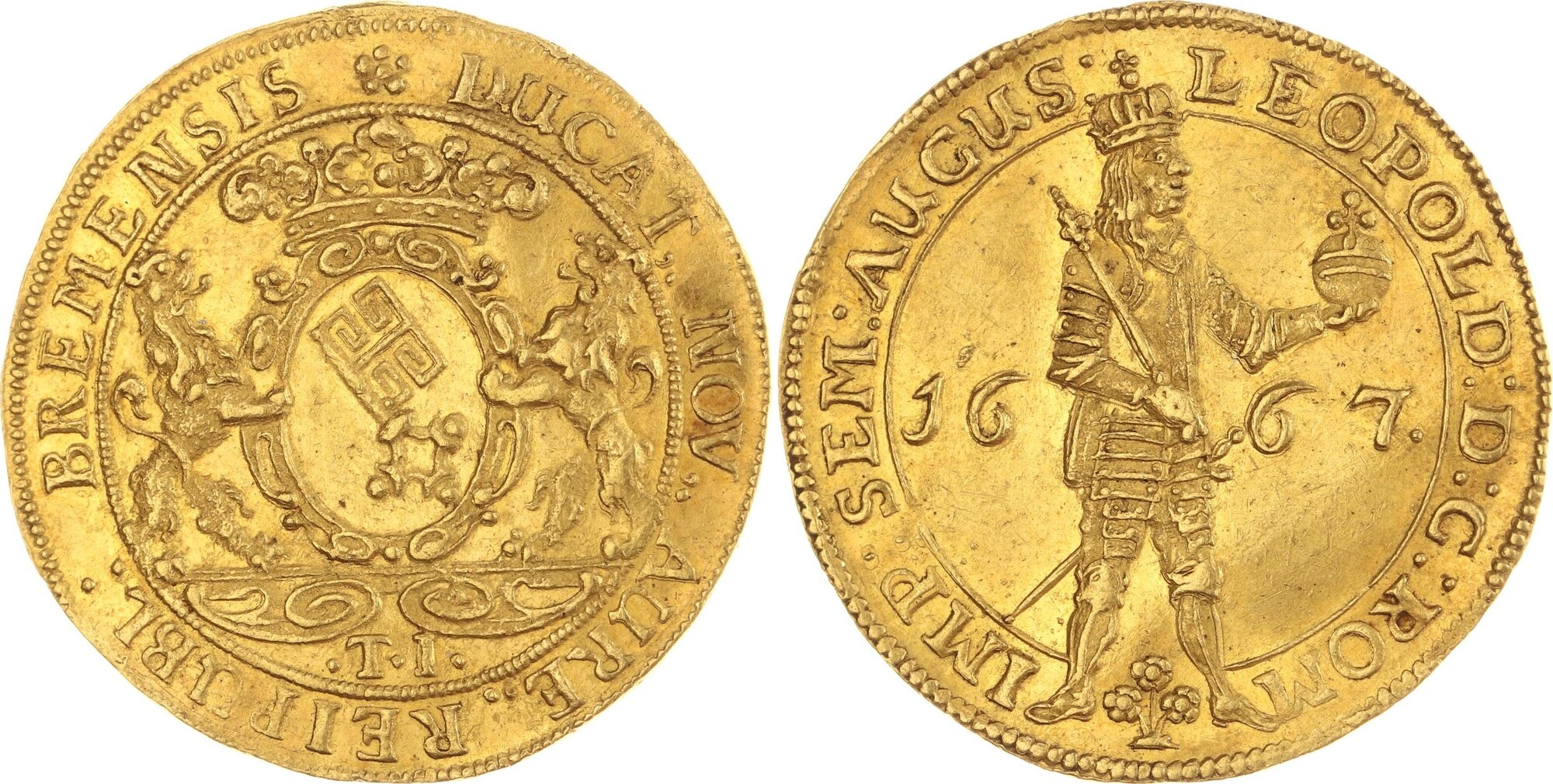 Bremen, Stadt Doppeldukat Gold 1667 TI Äußerst selten in dieser ...