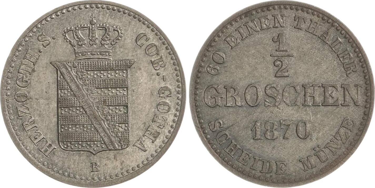 Sachsen-Coburg-Gotha 1/2 Groschen 1870 B Ernst II. 1844-1893. VF+ | MA-Shops