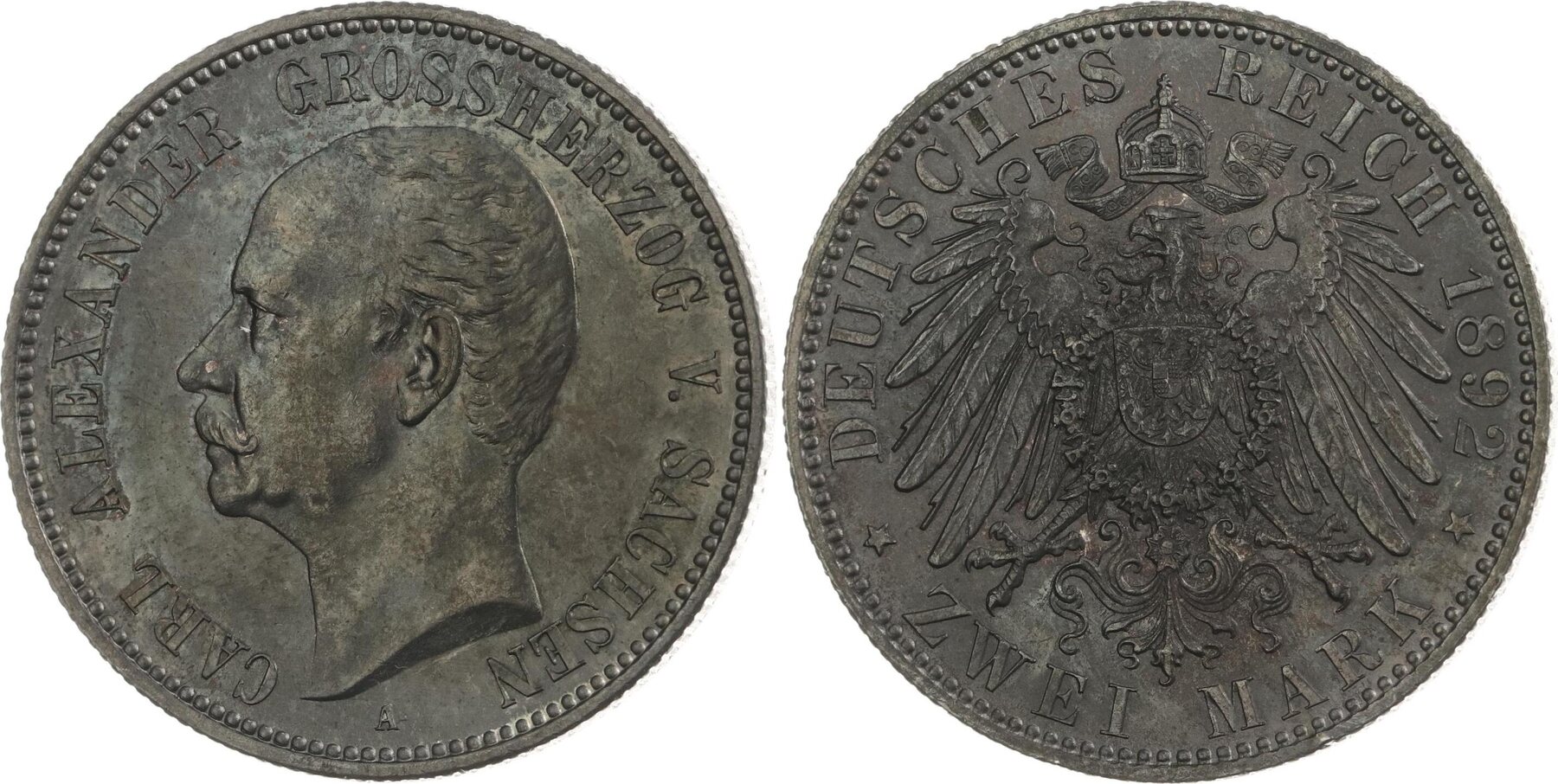 Sachsen-Weimar-Eisenach 2 Mark 1892 A Carl Alexander 1853-1901. Schöne Patina. AU | MA-Shops