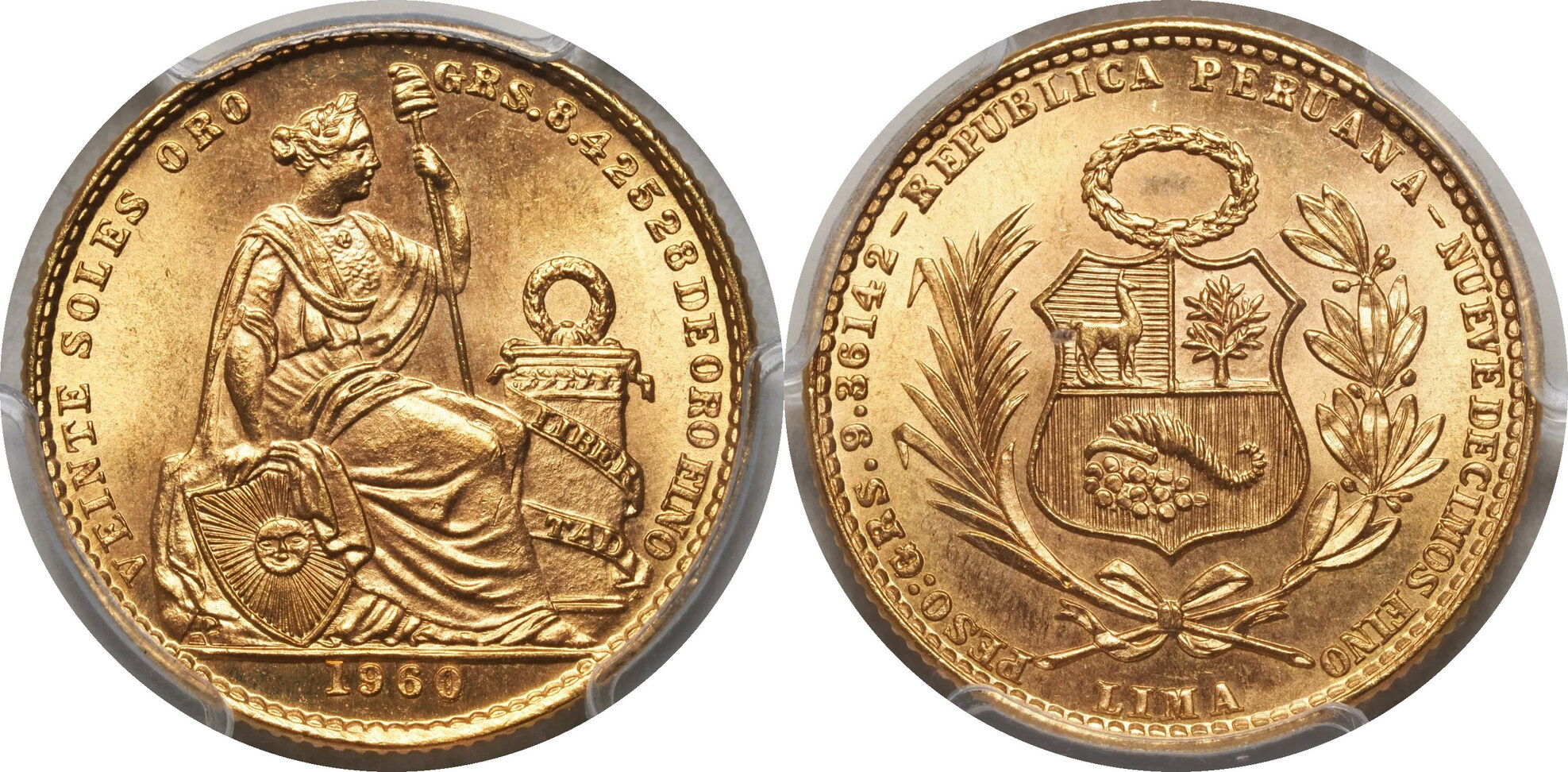 Peru 1960 Gold 20 Soles Coin. Low Pop 2/2! MS65 | MA-Shops