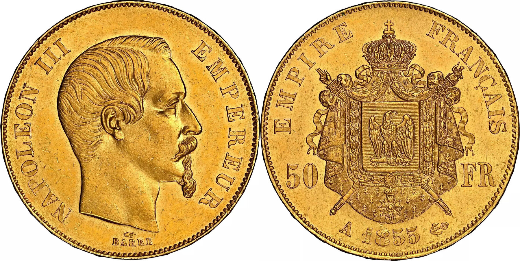 1855 A France (2nd Empire), Napoleon III. Gold 50 Francs Coin. NGC UNC ...