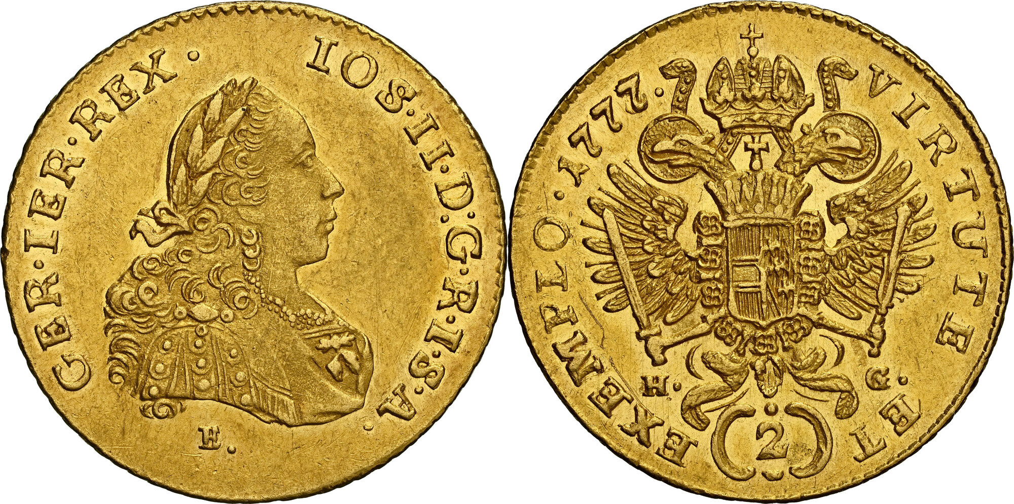 TRANSYLVANIA 2 Ducats 1777/6 E-GH Emperor Joseph II. Overdate! NGC AU58 | MA-Shops