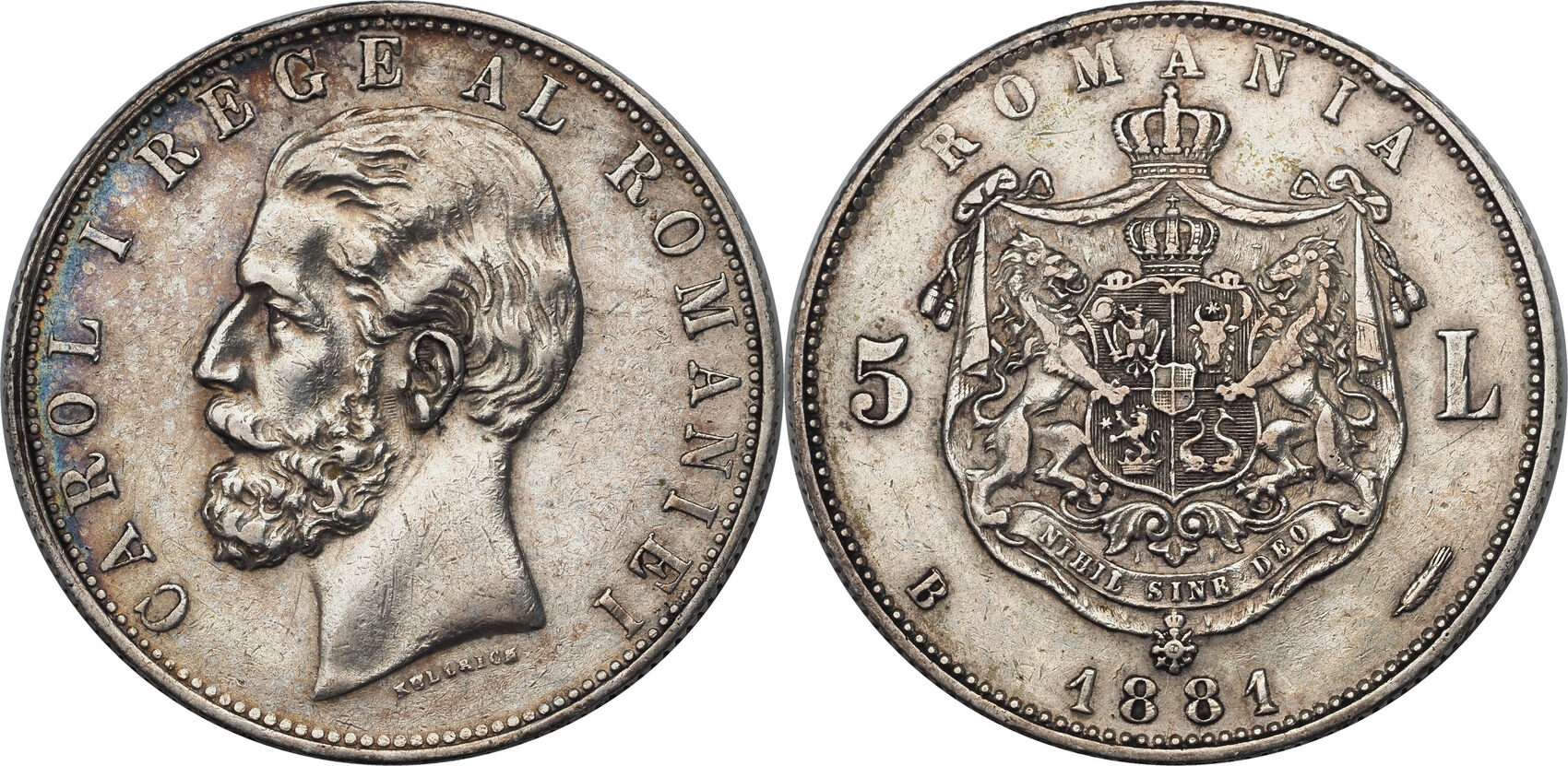 1881 B Kingdom of Romania, Carol I (as Prince). Silver 5 Lei Coin. XF ...