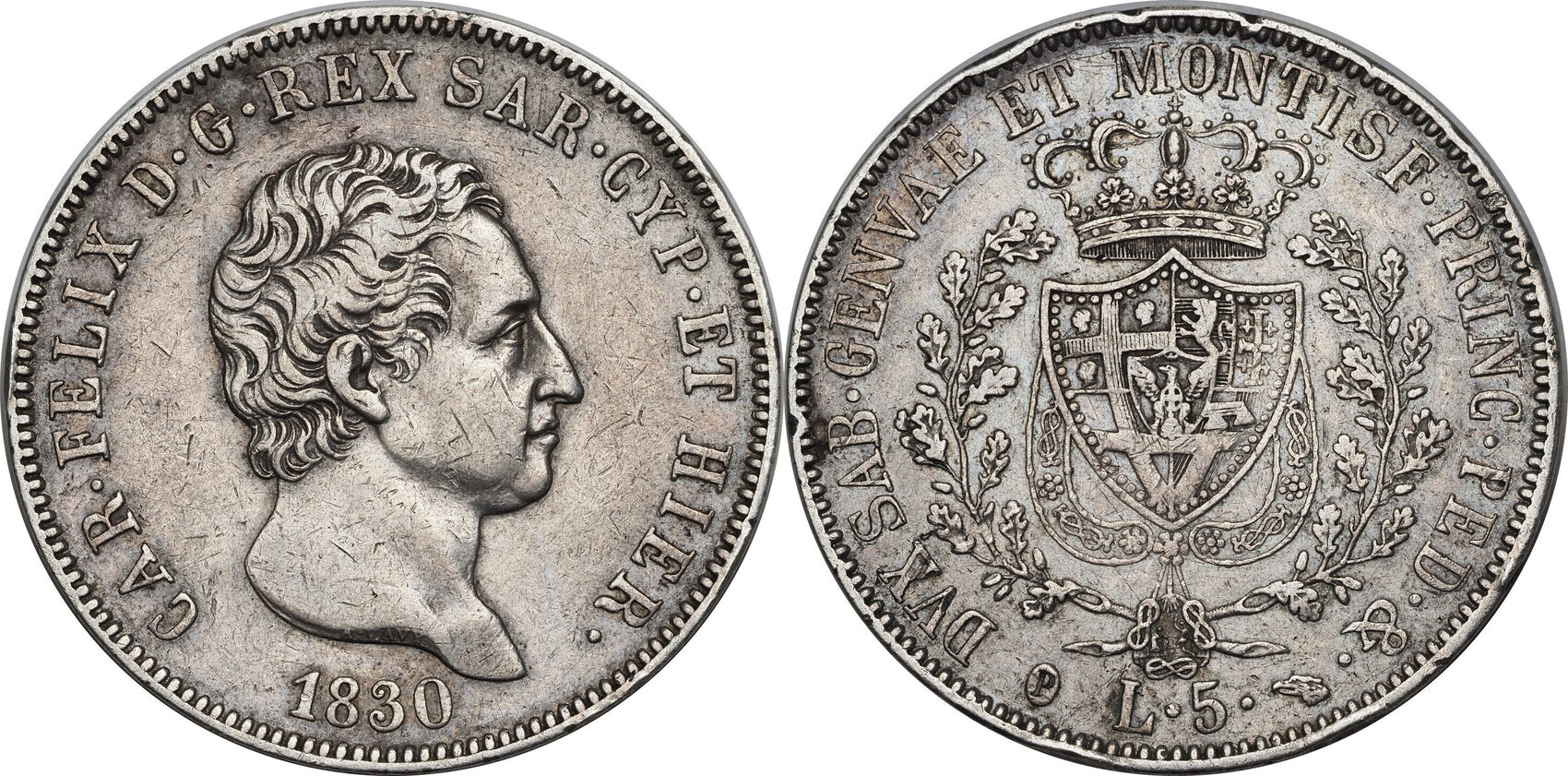 Italy-Sardinia 5 Lire 1830 Kingdom of Sardinia, Charles Albert. Turin ...