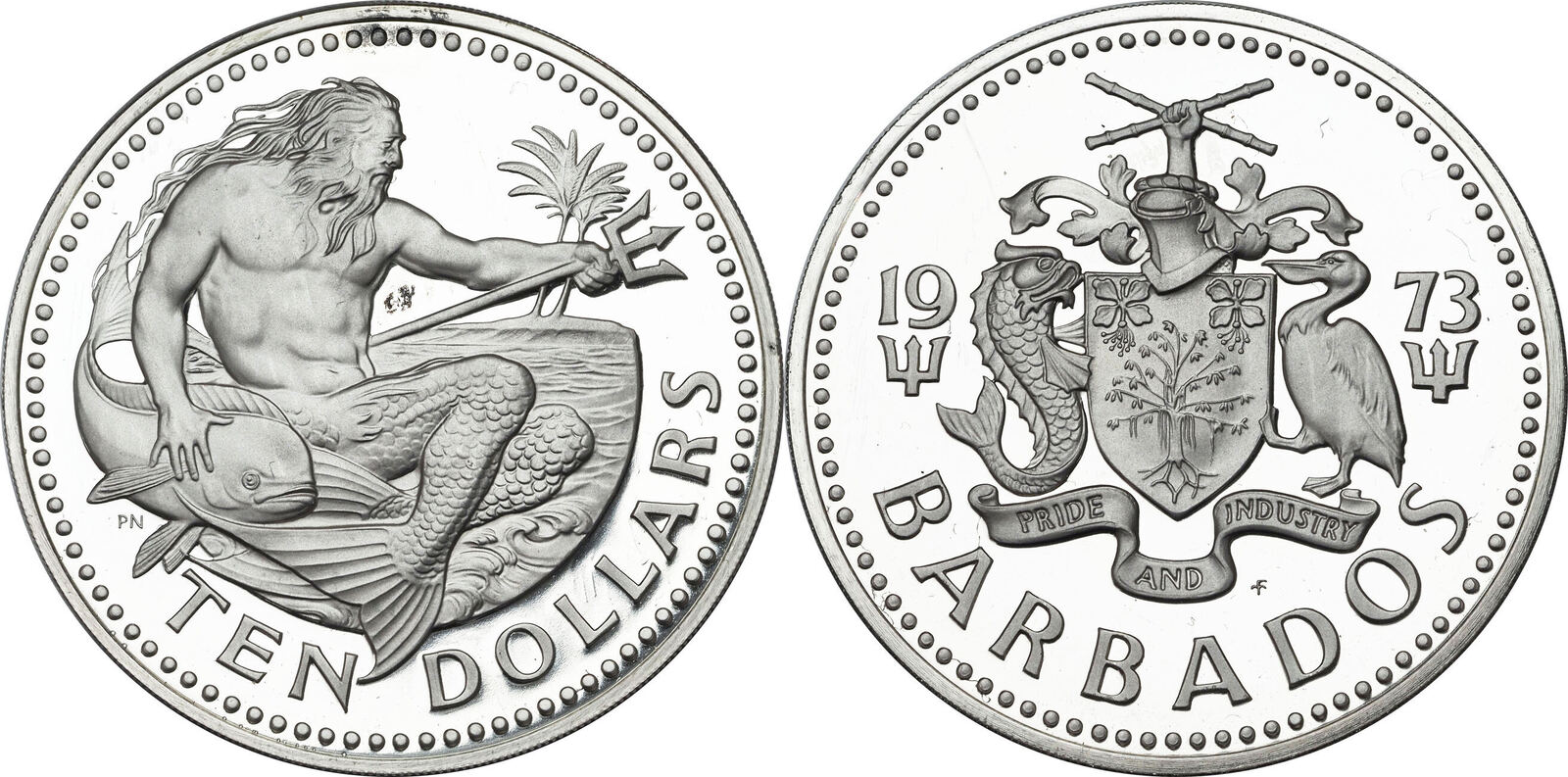 Barbados 10 Dollars 1973 Neptune, God of the Sea. Proof | MA-Shops