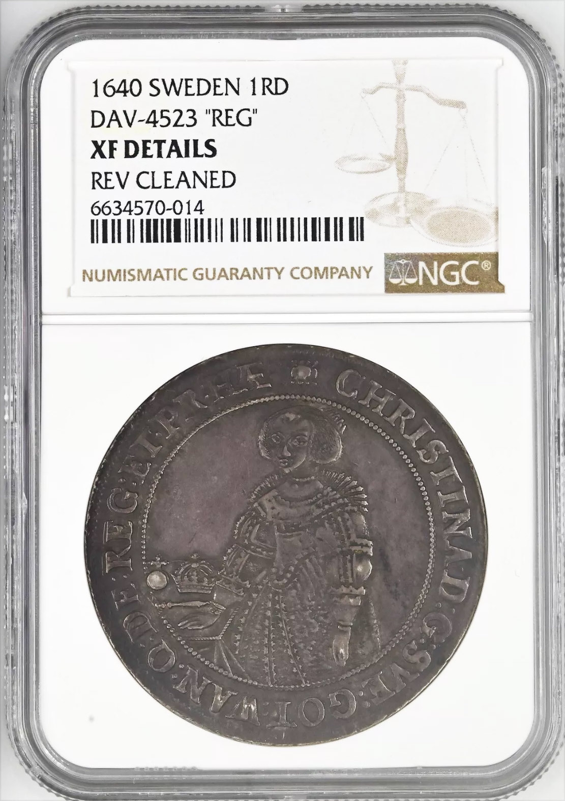 1 Riksdaler 1640 Sweden, Christina Alexandra. Silver Riksdaler Coin ...