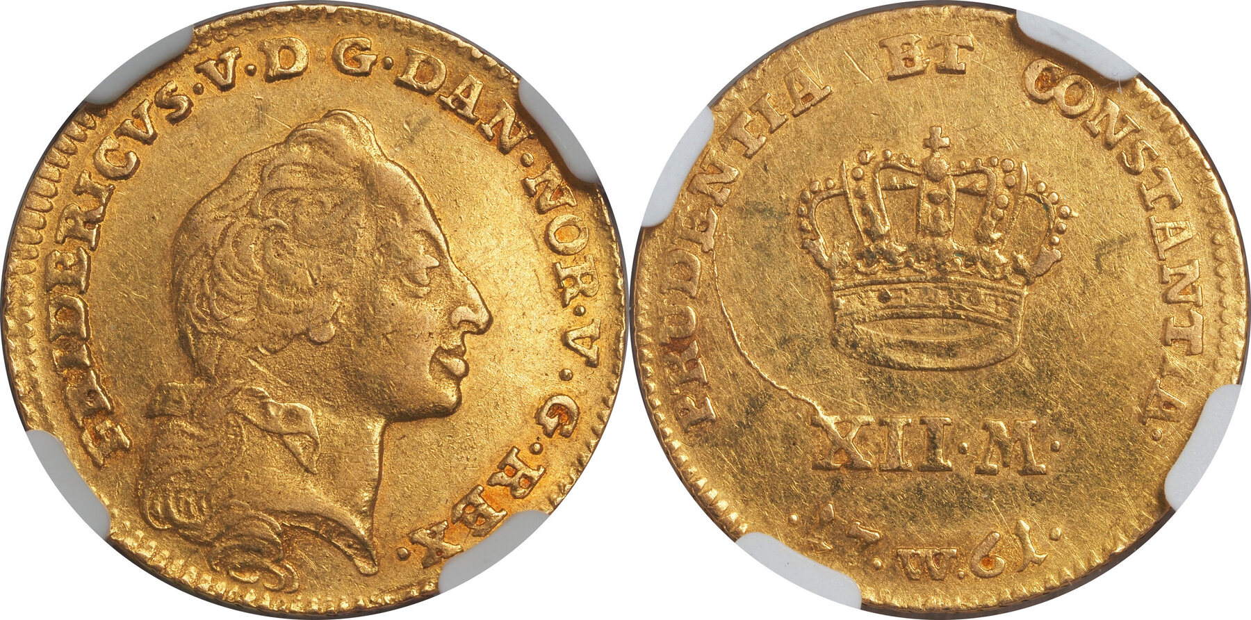 DENMARK 12 Mark (Ducat Courant) 1761 WW Frederick V. NGC AU 50 | MA-Shops