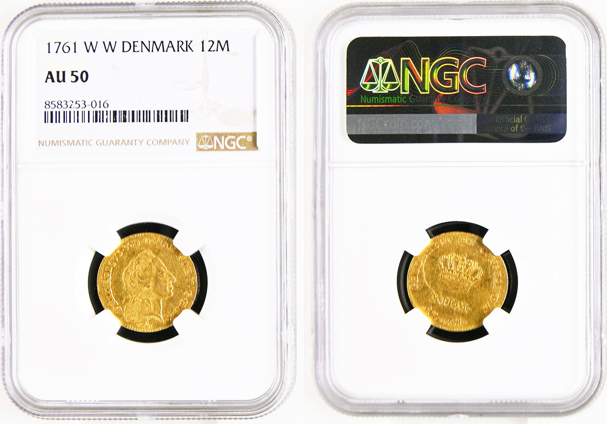 DENMARK 12 Mark (Ducat Courant) 1761 WW Frederick V. NGC AU 50 | MA-Shops