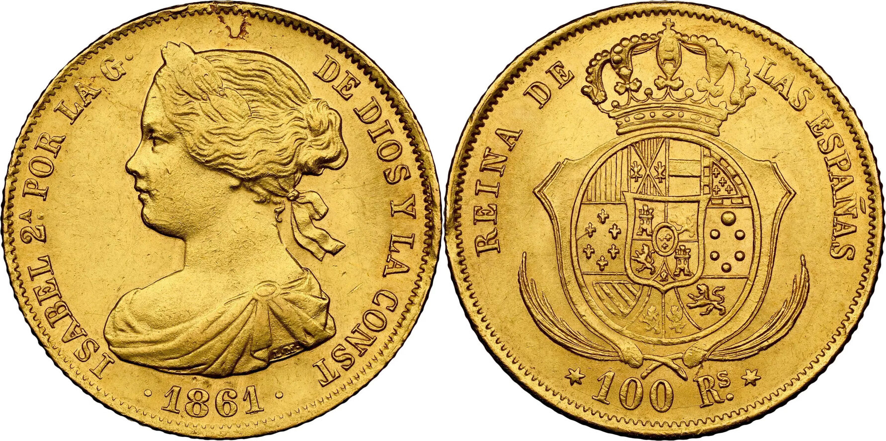 SPAIN 1861 Queen Isabella II. Gold 100 Reales Coin. Madrid! NGC MS 62 ...